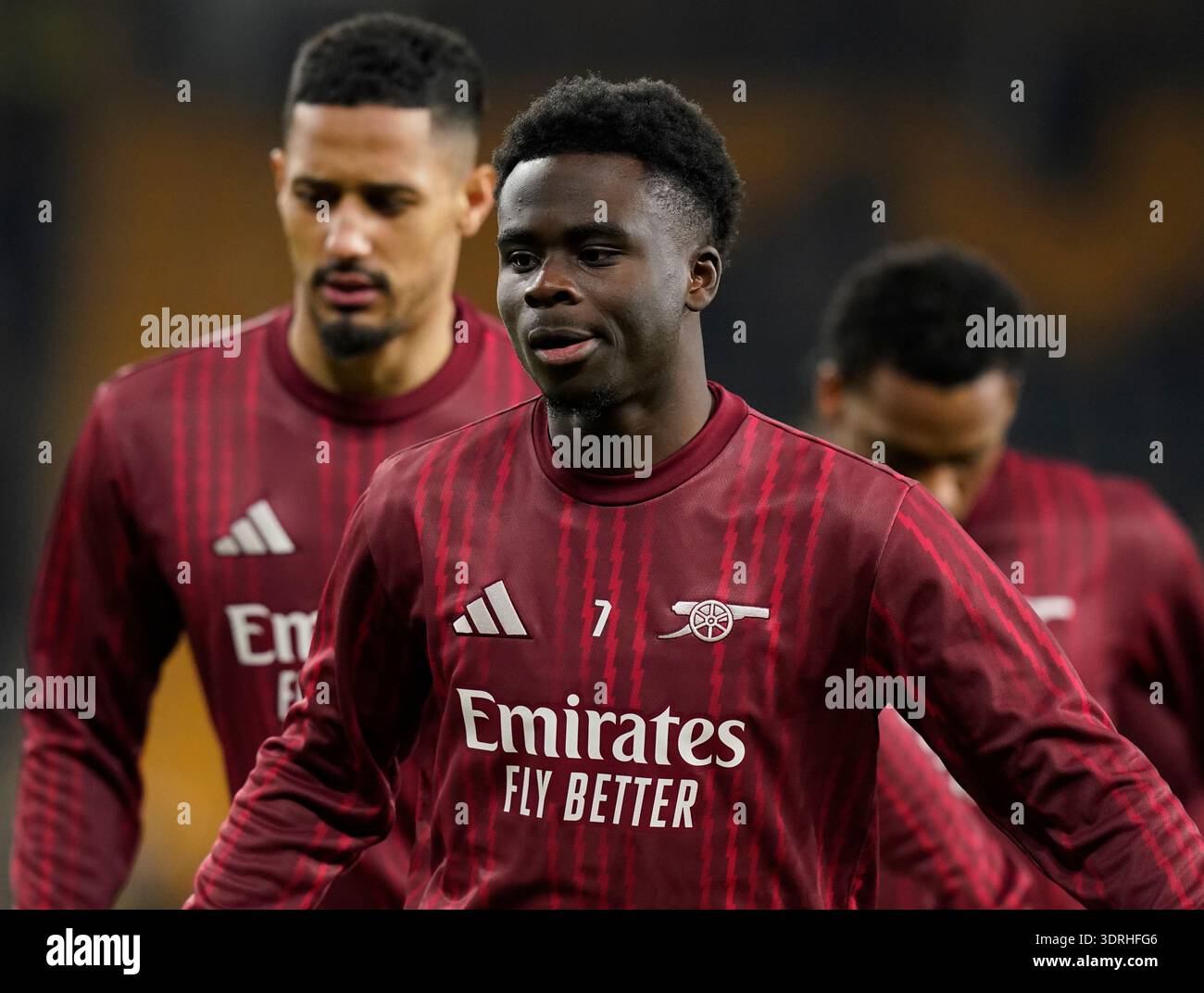 Wolverhampton, England, 18th February 2026. Bukayo Saka of Arsenal warm ...