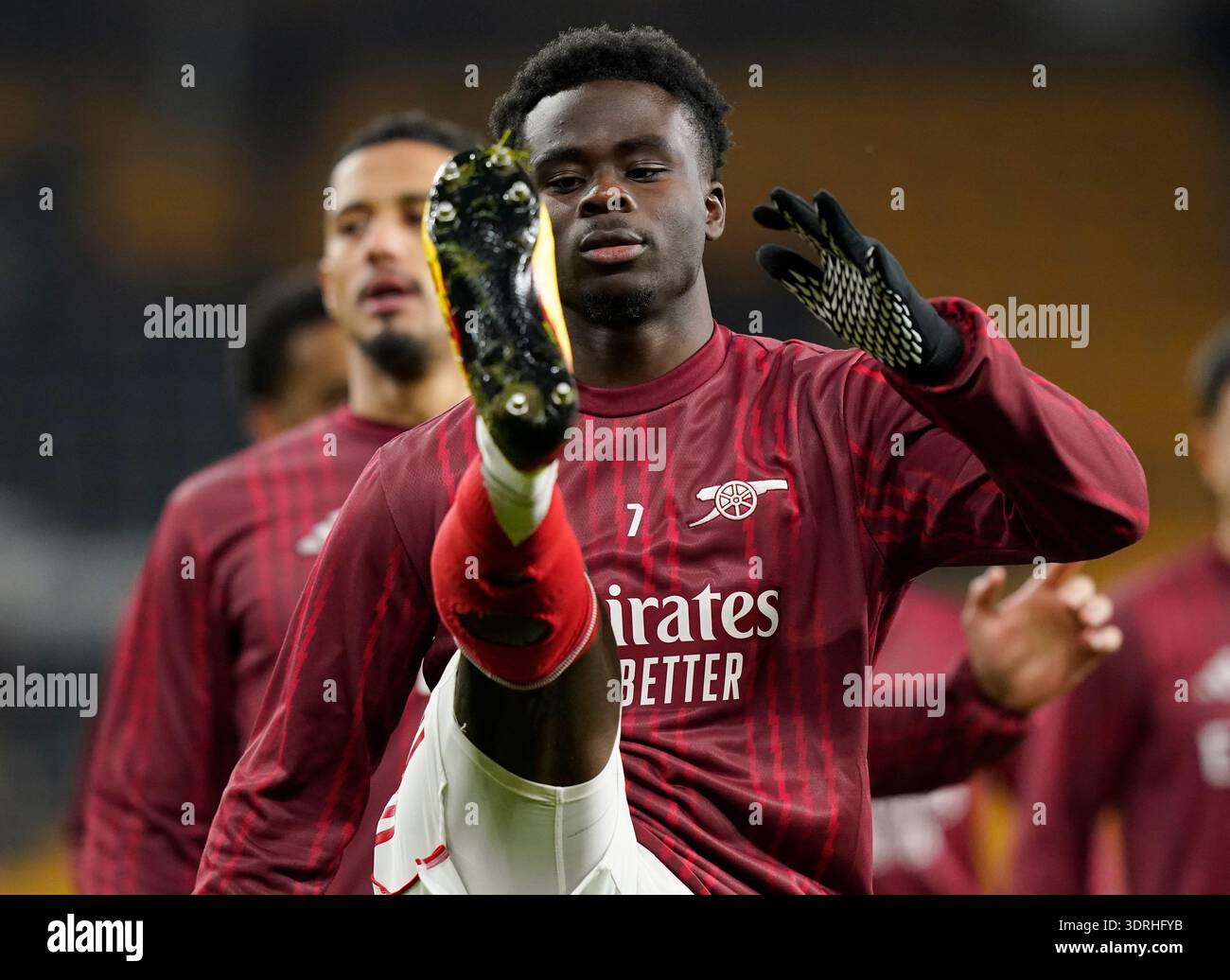 Wolverhampton, England, 18th February 2026. Bukayo Saka of Arsenal warm ...