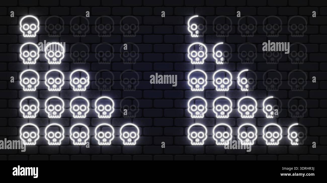 Neon skull rating scale with glowing white icons on dark brick. Edgy ...