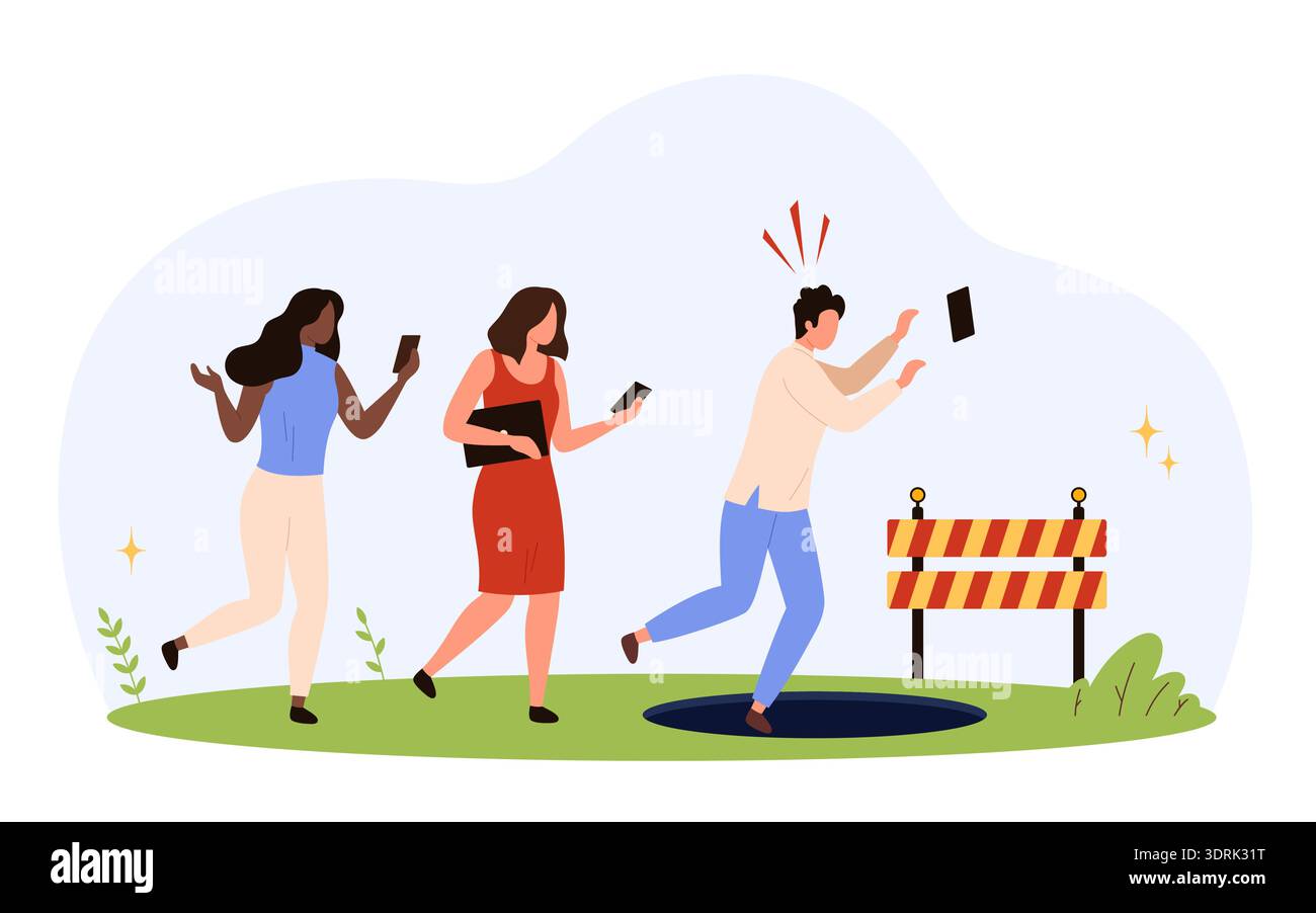 Three people walking while using smartphones, one falling into a hole ...