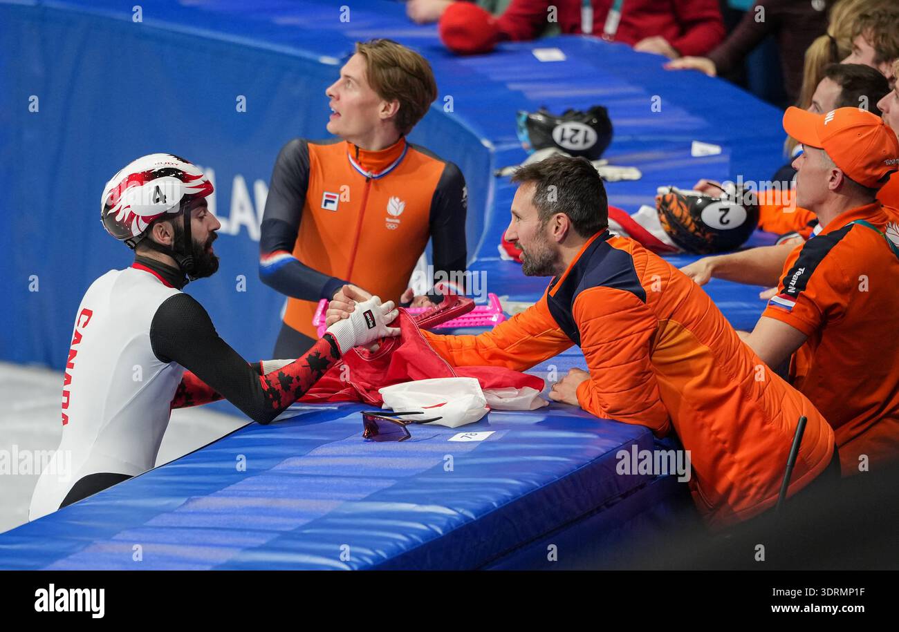 Steven DUBOIS (CAN) reacts after winning Gold in the Short Track Speed ...