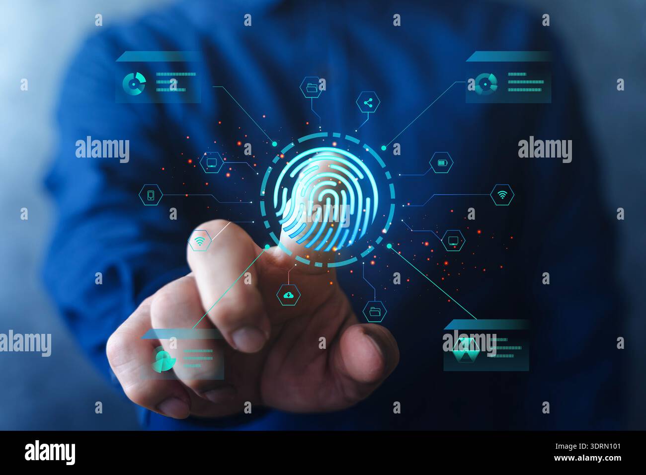 Business person touching virtual fingerprint scanner with connected ...