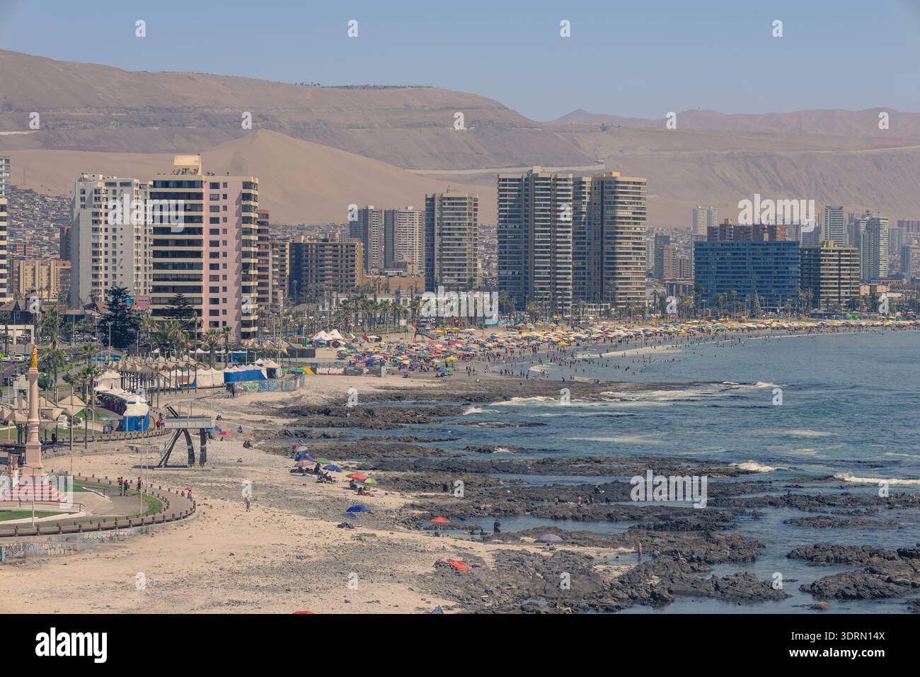 Iquique, Chile - December 28, 2025: High angle view of crowded Cavancha ...