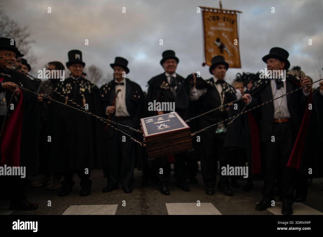 Members of the Merry Brotherhood of the Burial of the Sardine carry a ...