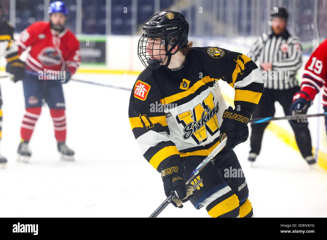 London,Canada. 18th February, 2026. Logan Massimi (11) of the Waterloo ...