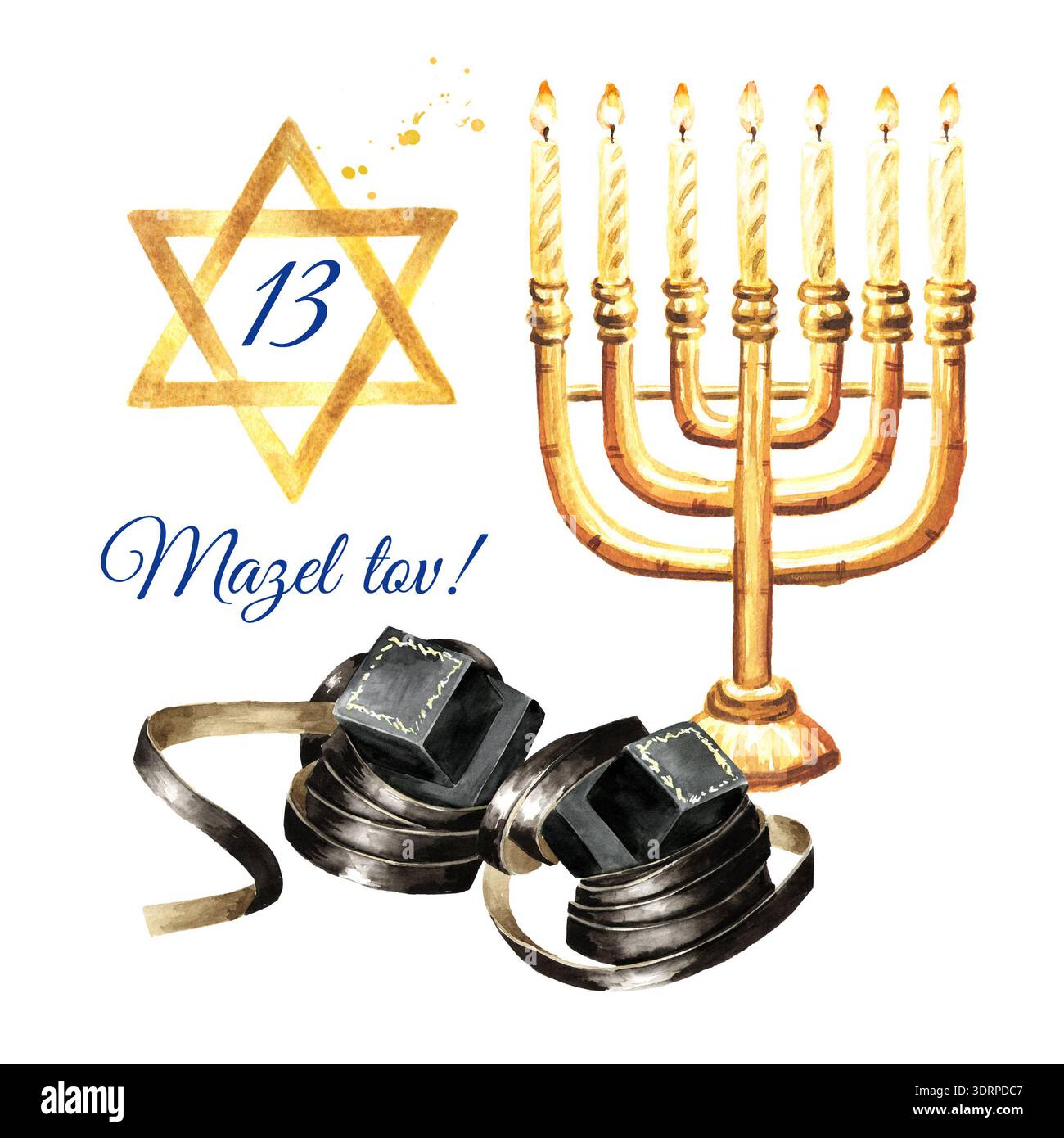 Bar Mitzvah concept. Greeting card. Jewish religious symbols tefilins ...
