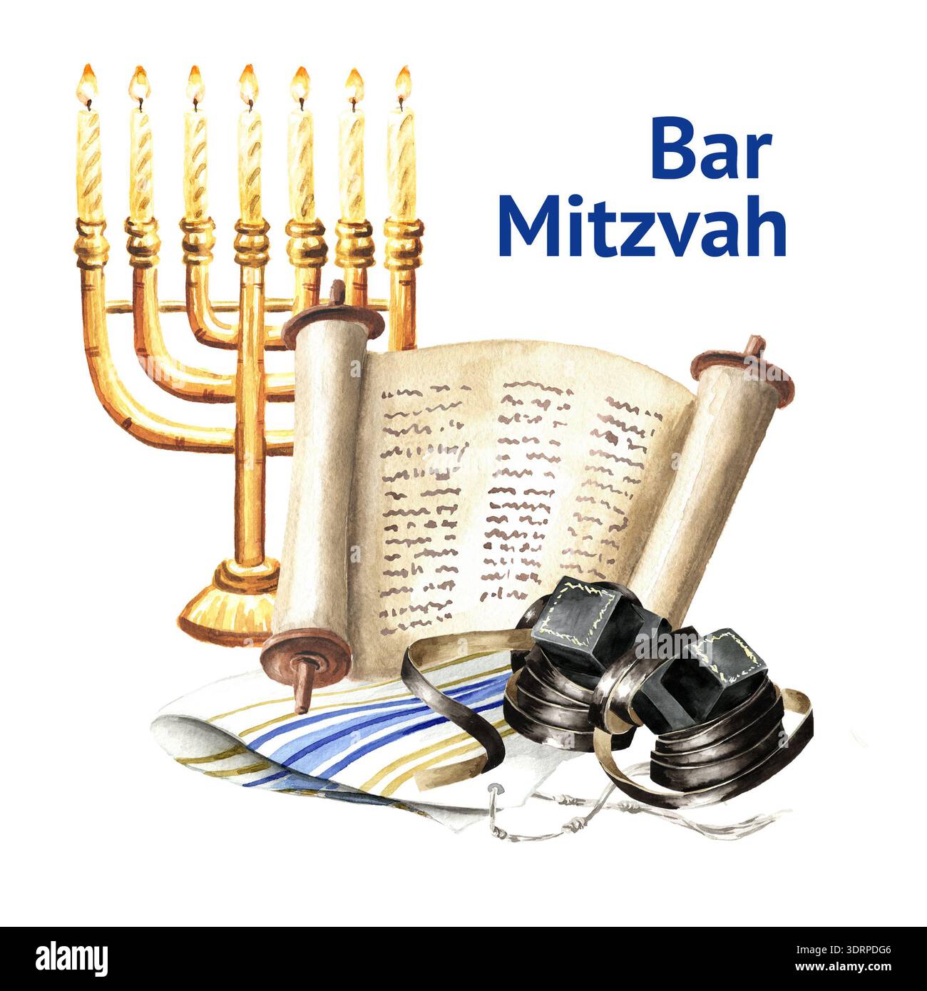Bar Mitzvah concept. Greeting card. Jewish religious symbols tefilin ...