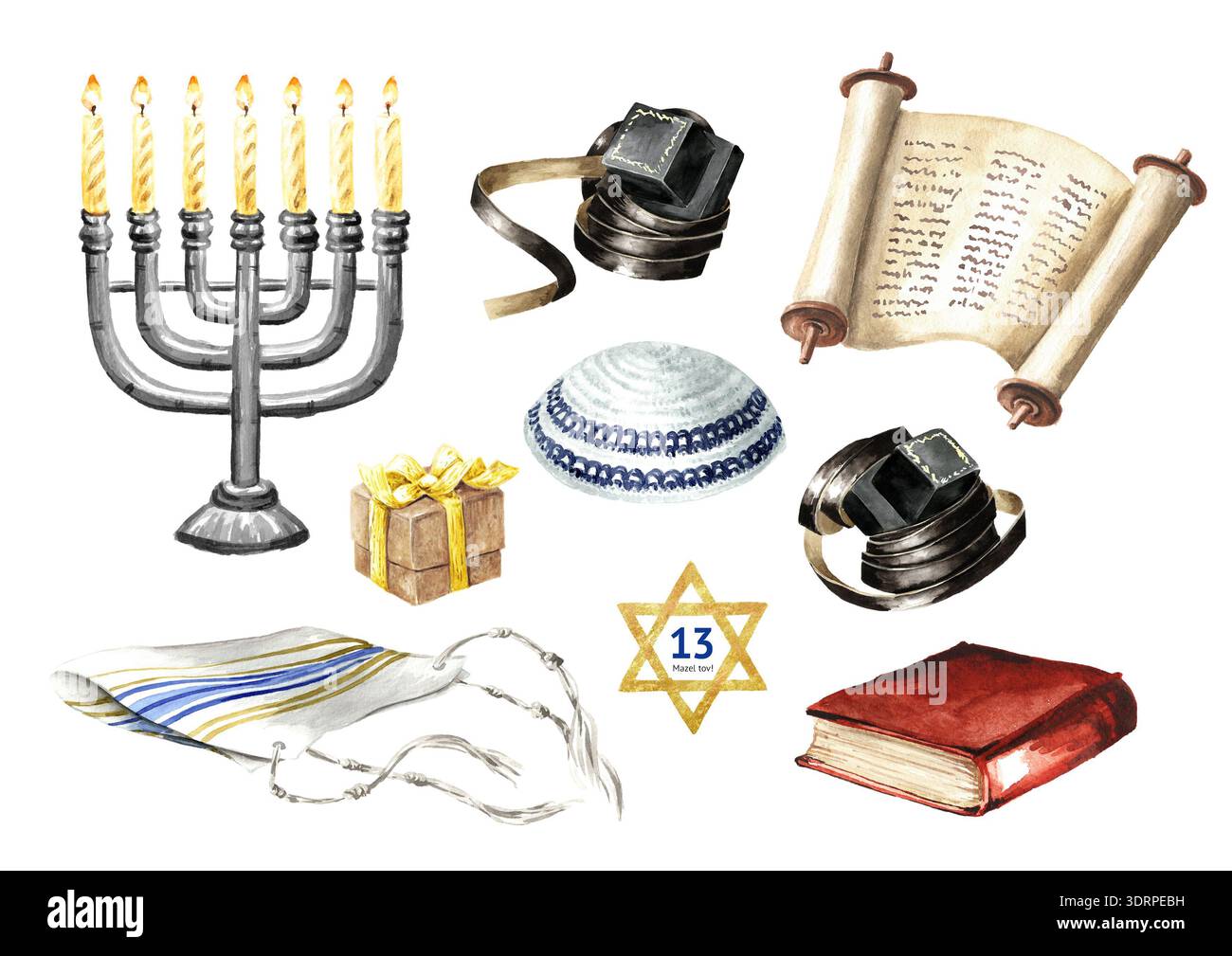 Bar Mitzvah design elements set. Hand drawn watercolor illustration ...