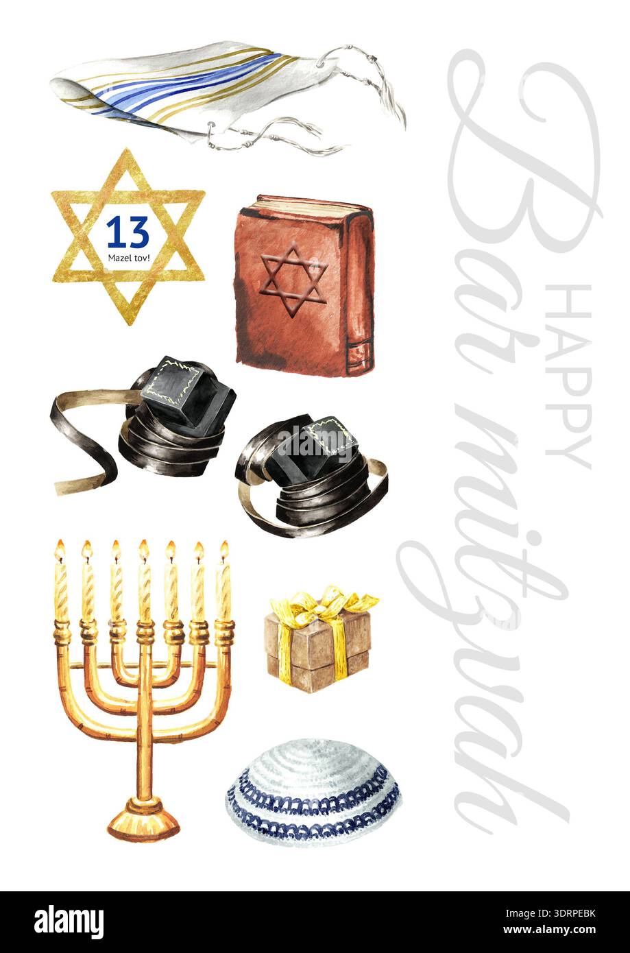 Bar Mitzvah design elements set. Hand painted watercolor illustration ...