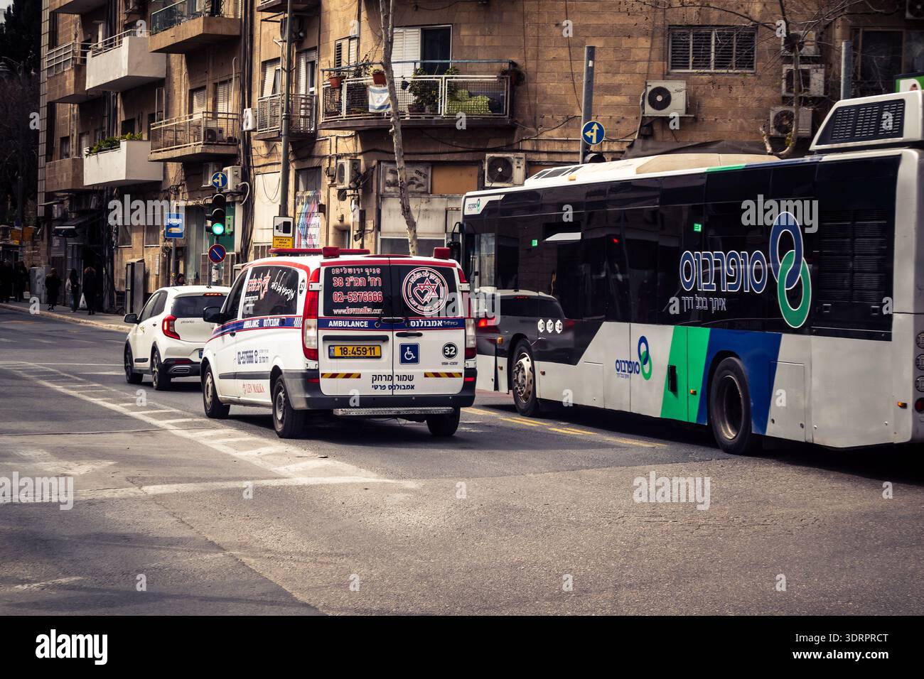 Jerusalem, Israel - February 19, 2026 Magen David Adom (MDA) ambulance ...