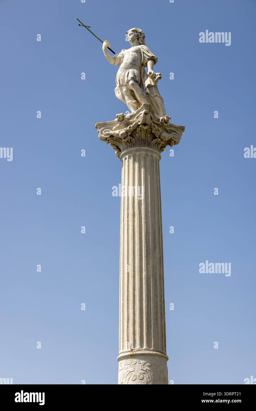 Cadiz, Spain, Andalusia - March 31, 2025: Column with statue of Saint ...