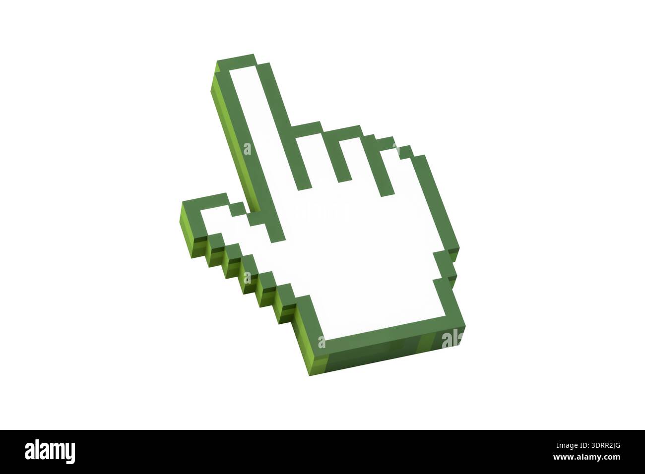 3d rendering of a 3D pixel hand cursor with a lime green outline and ...