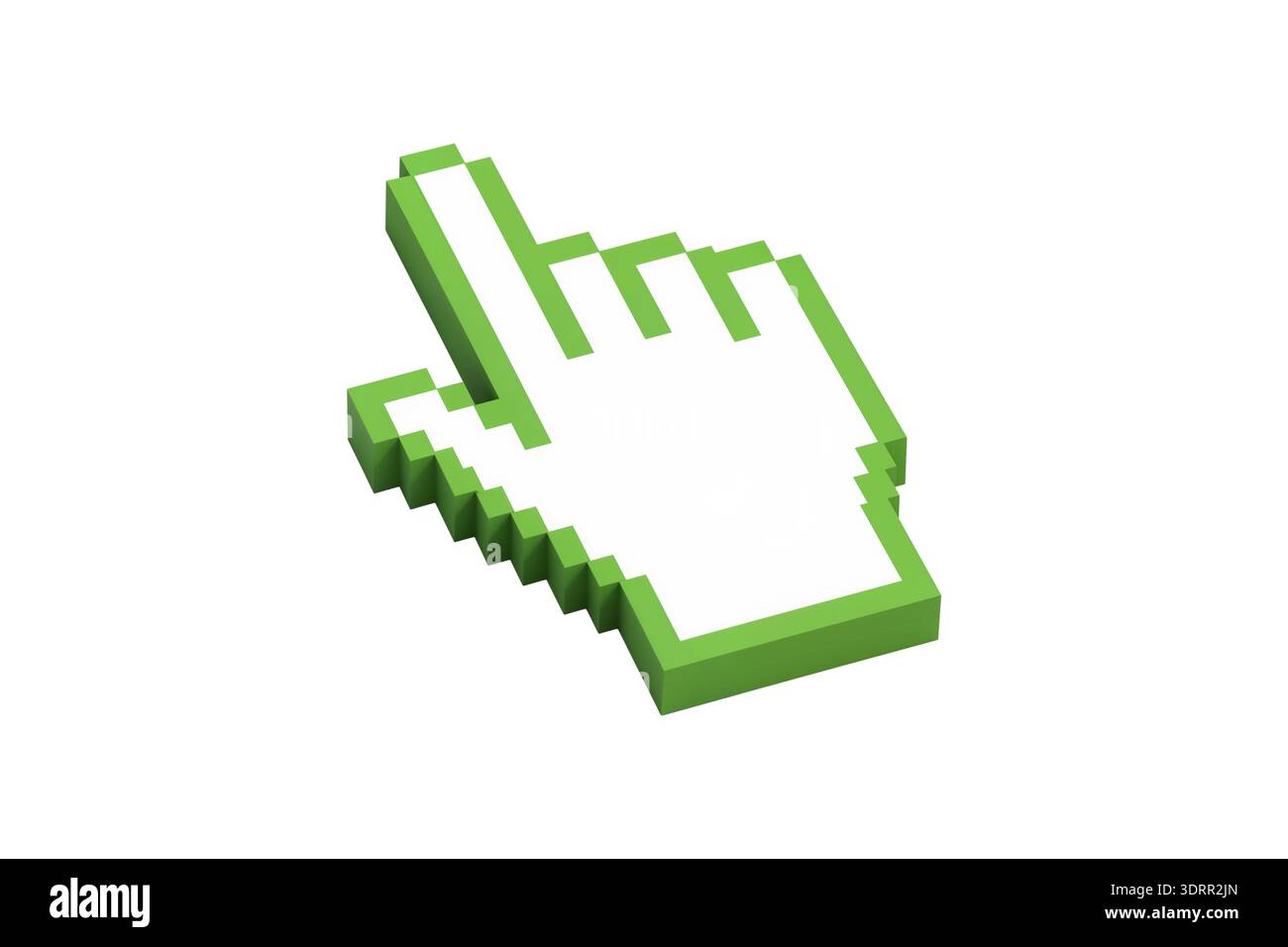 3d rendering of a 3D pixel hand cursor with a lime green outline and ...