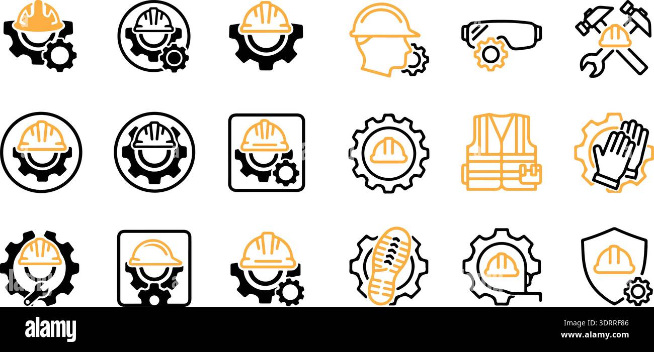 Set of helmet and gear icons. Work wear, helmet construction and ...