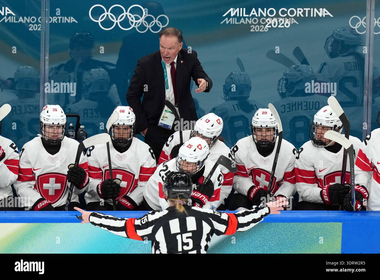 Switzerland head coach Colin Muller argues a call during the first ...
