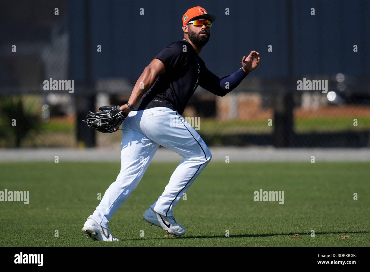 Detroit Tigers' Riley Greene looks for a ball during workouts at spring ...