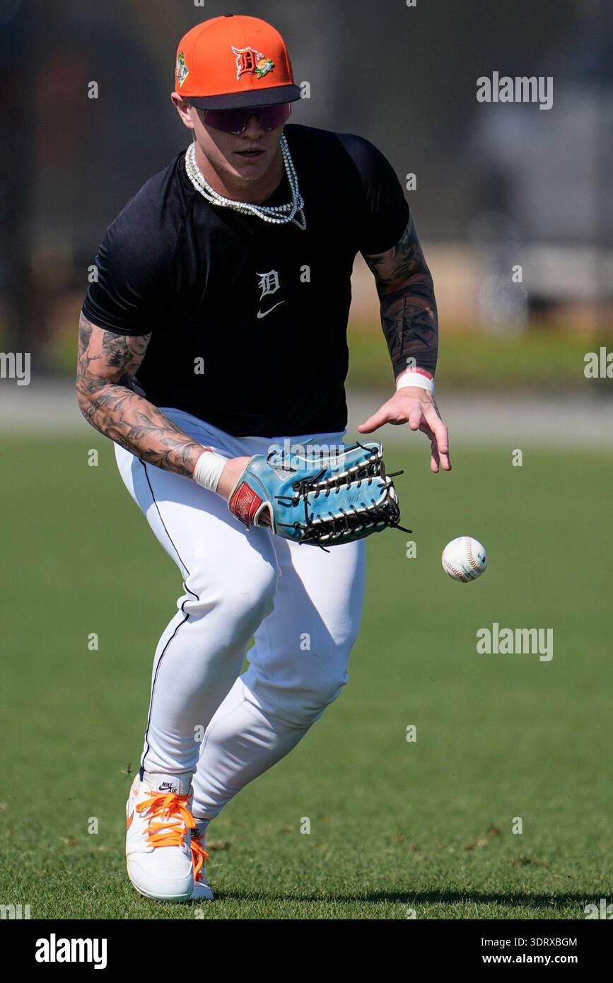 Detroit Tigers' Max Clark catches during workouts at spring training ...