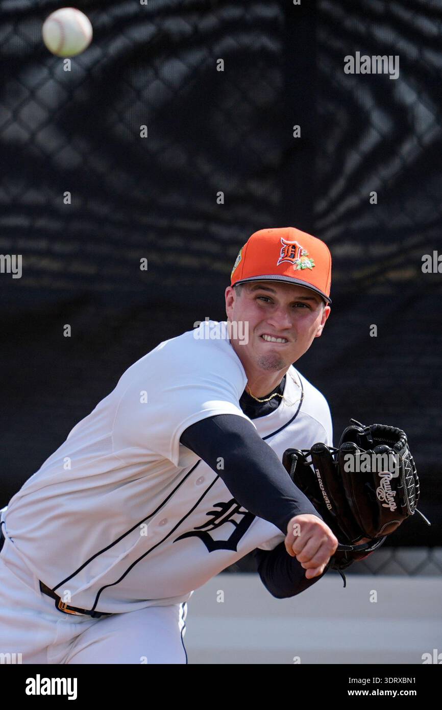 Detroit Tigers pitcher Ty Madden throws during workouts at spring ...
