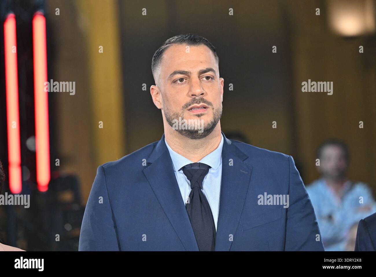 Sebastien Delogu (La France Insoumise) pictured as BFM Channel TV host ...