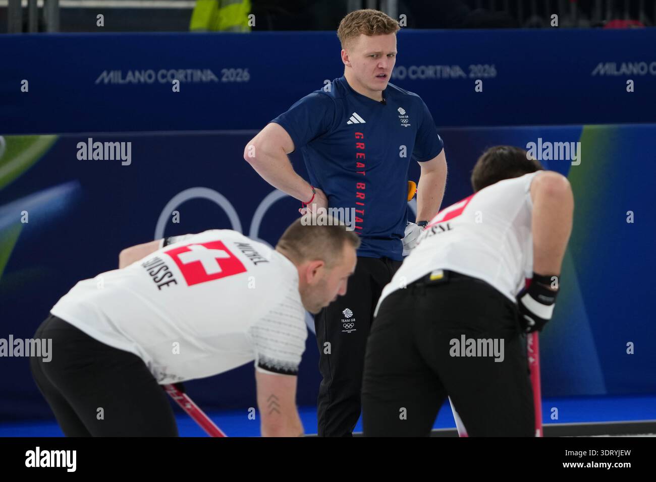 Britain's Bobby Lammie watches action against Switzerland in a men's ...