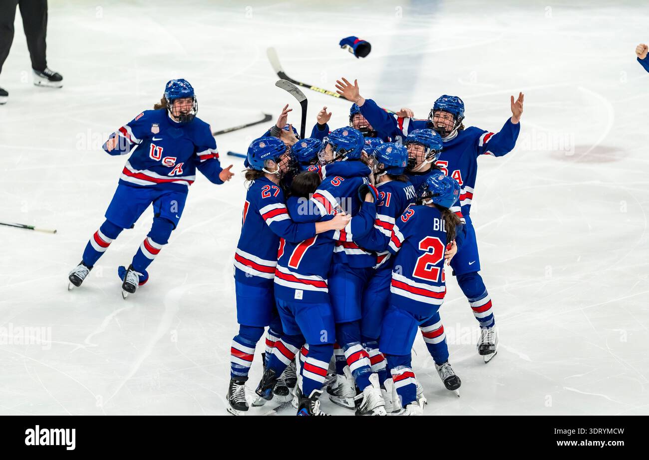 February 19, 2026, Milan, Lombardy, Italy: Team USA celebrates after ...