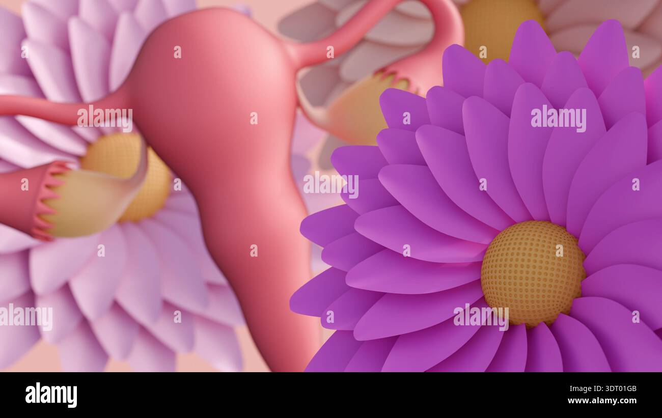 A female reproductive system with zinnia-like flowers in pastel shades ...
