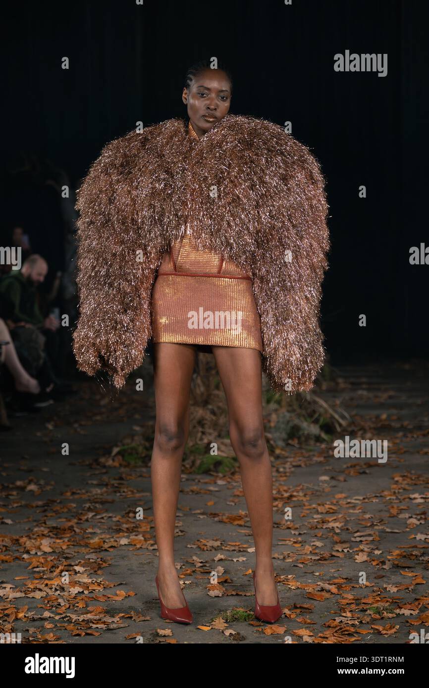 A model walks the runway at the Agro Fashion show during the London ...