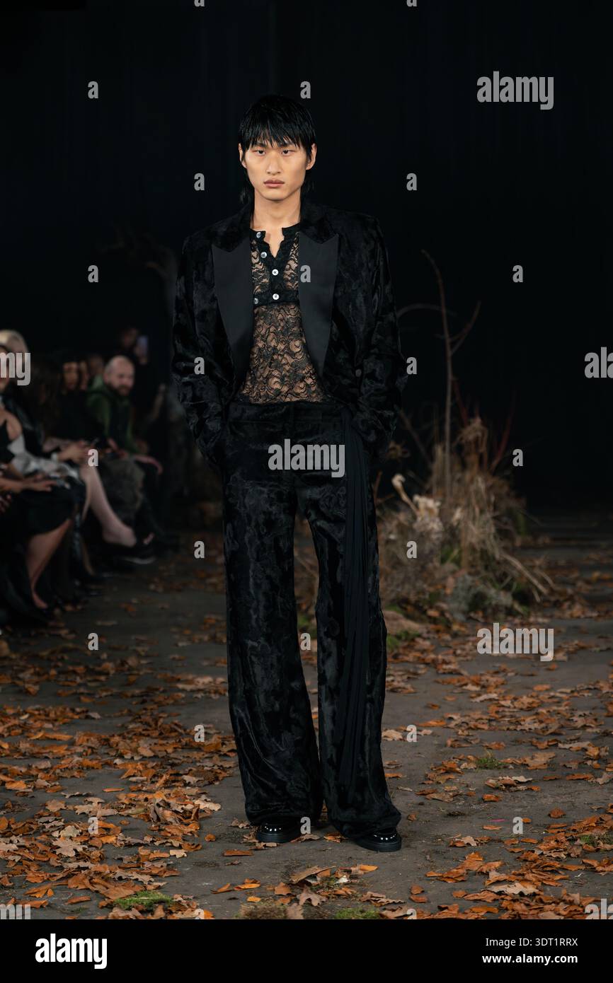 A model walks the runway at the Agro Fashion show during the London ...