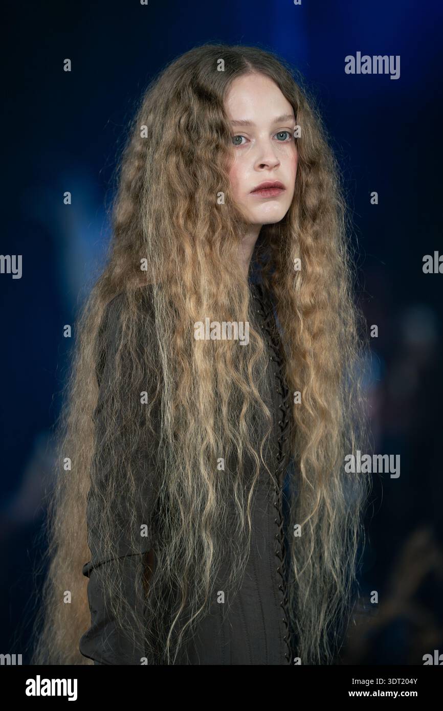 A model walks the runway at the Agro Fashion show during the London ...