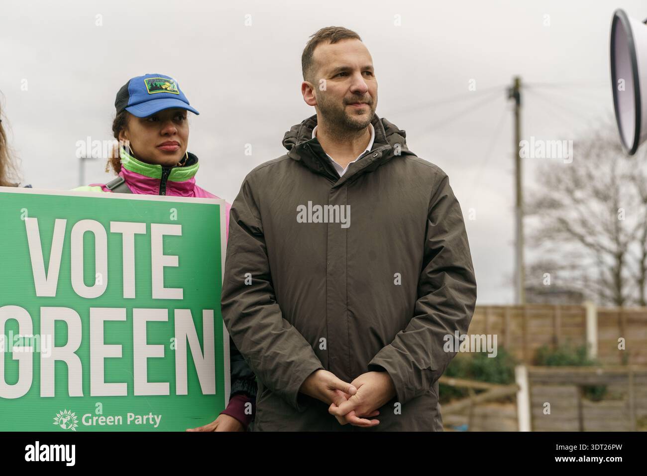 Manchester, UK, 26th Feb 2026: Green Party leader Zack Polanski (centre ...