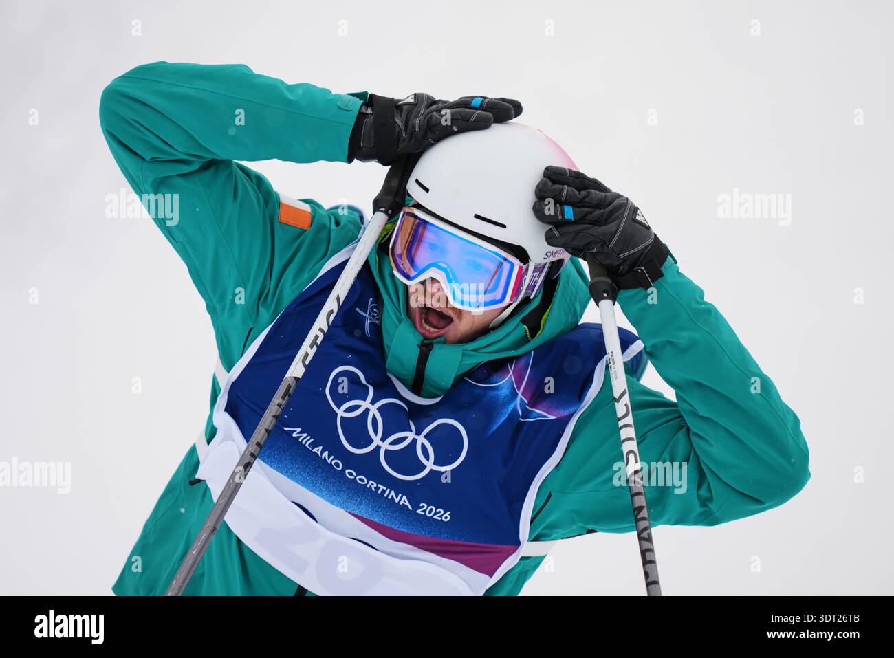 Ireland's Benjamin Lynch reacts during the men's freestyle skiing ...