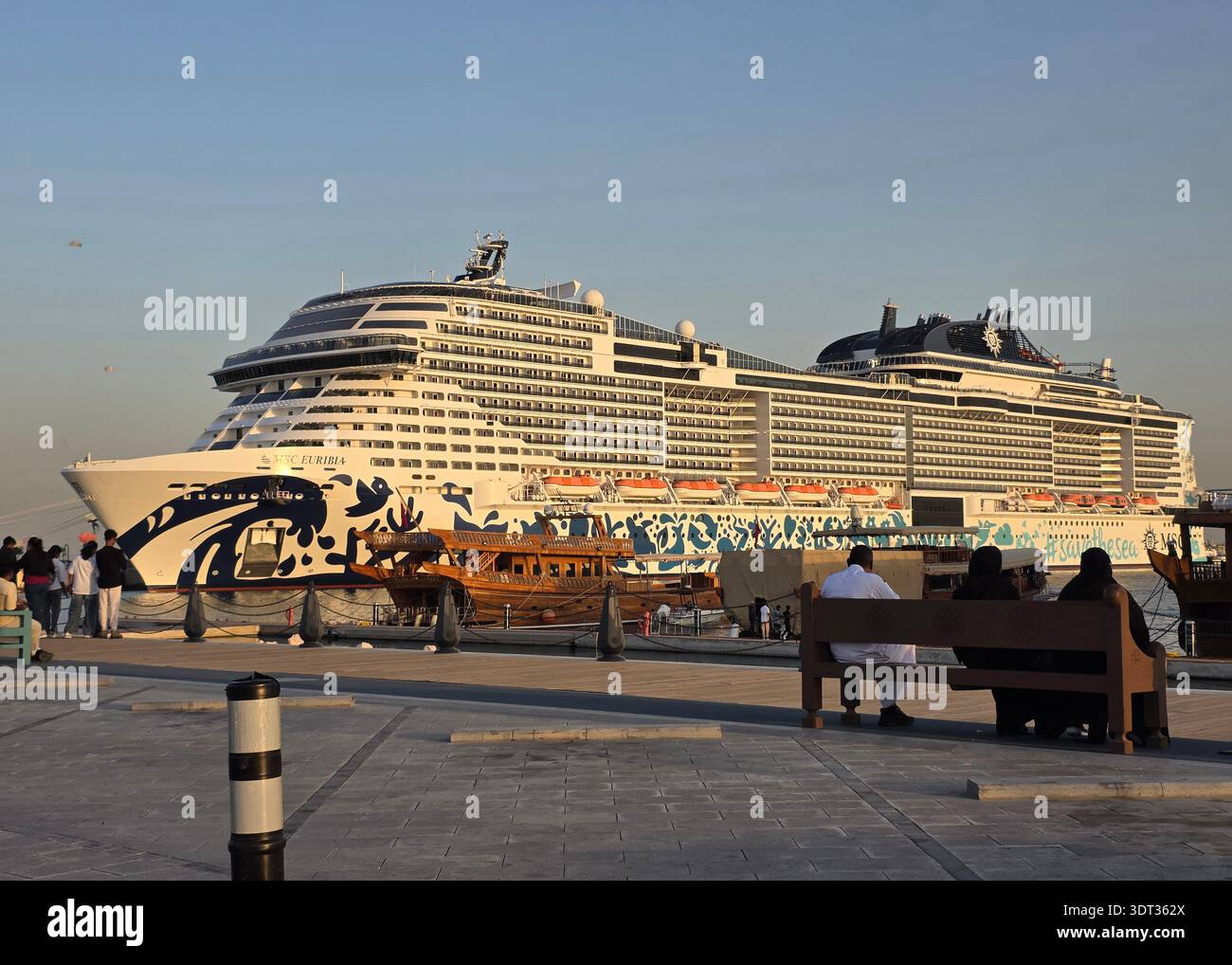 Doha, Qatar - The MSC Euribia cruise ship docked in Mina Port Doha city ...