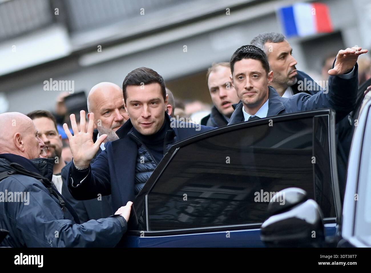 Rassemblement National President Jordan Bardella is surrounded by ...