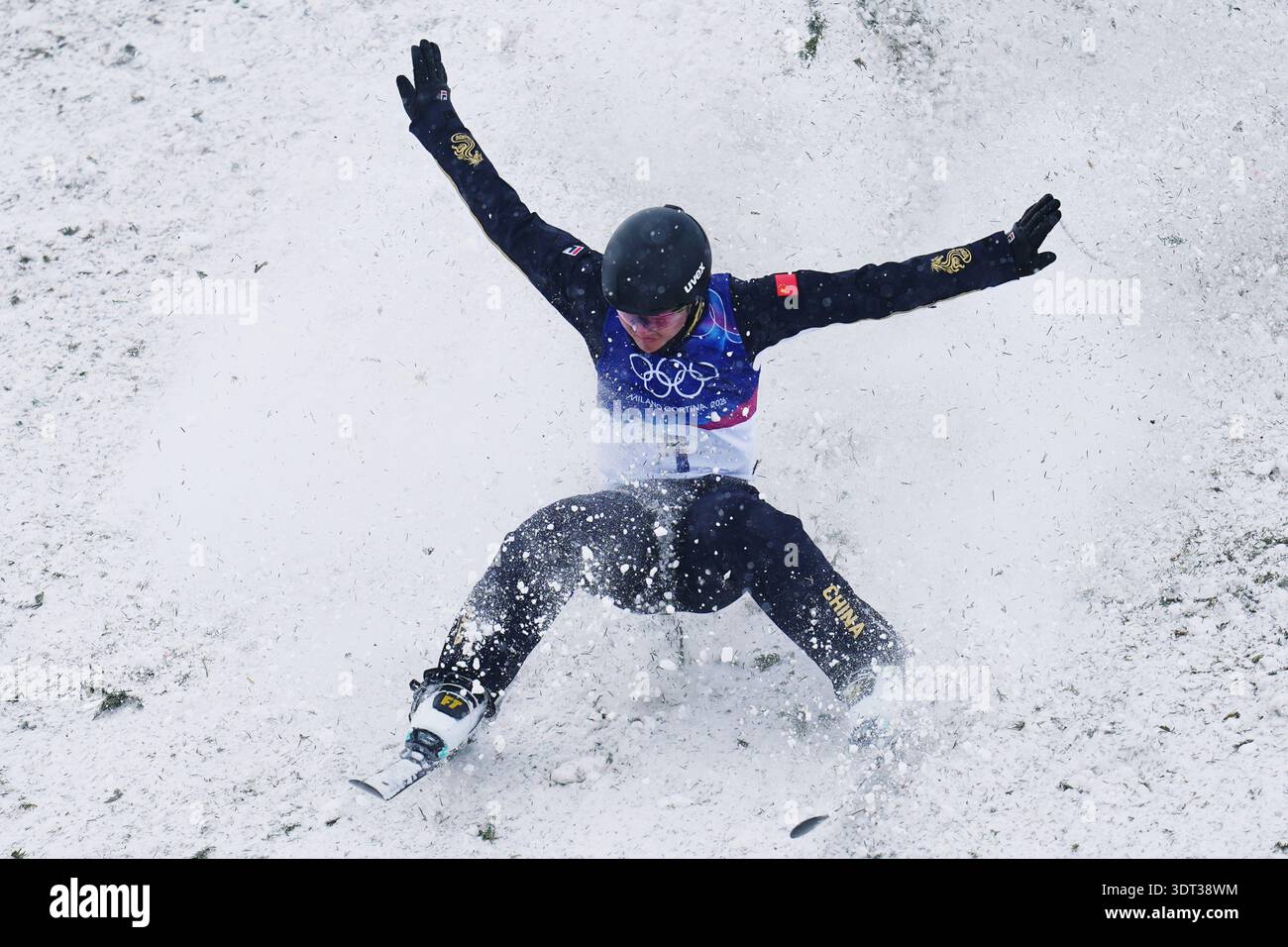 China's Sun Jiaxu lands during the men's freestyle skiing aerials ...