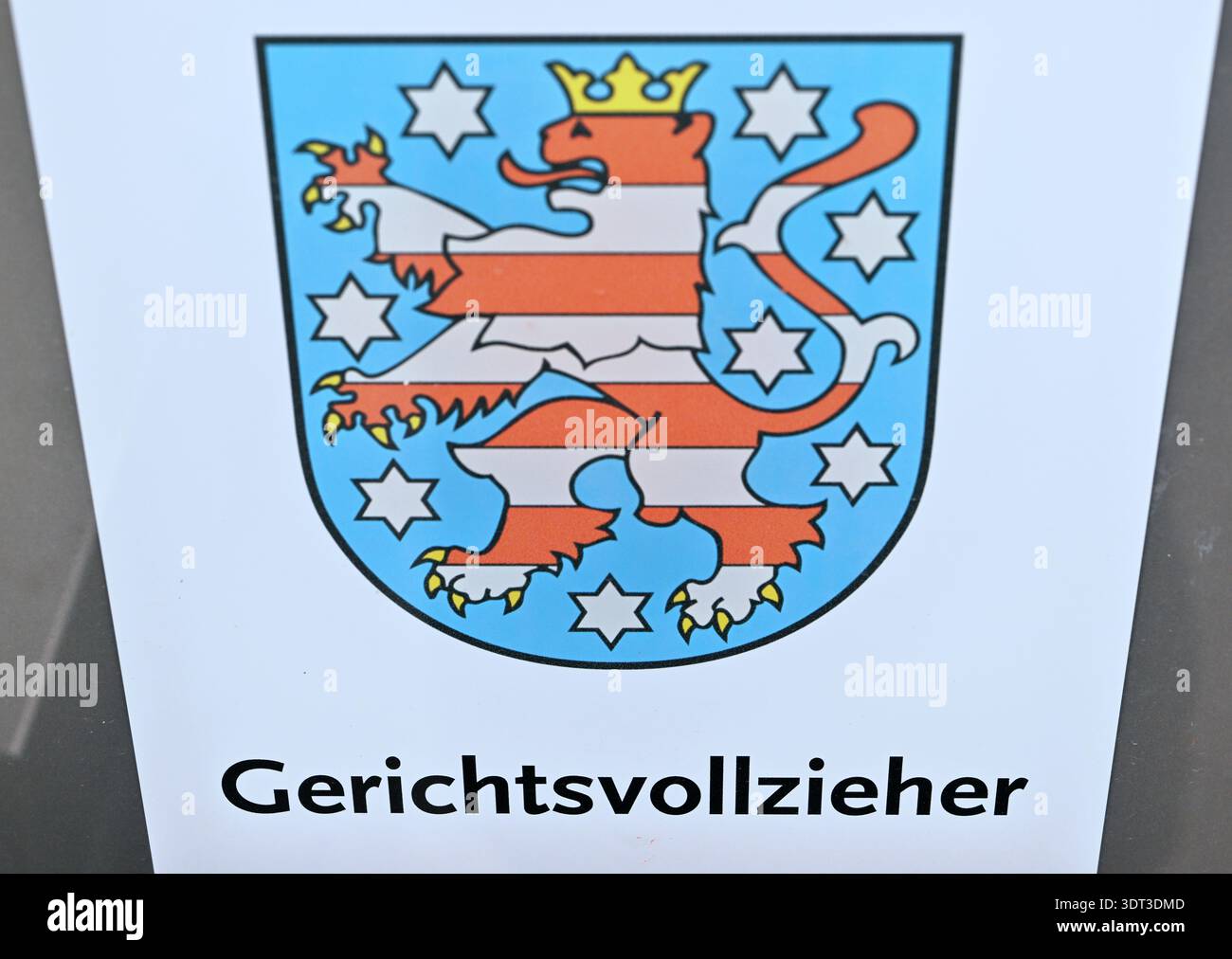 20 February 2026, Thuringia, Erfurt: Bailiff is written on the sign ...