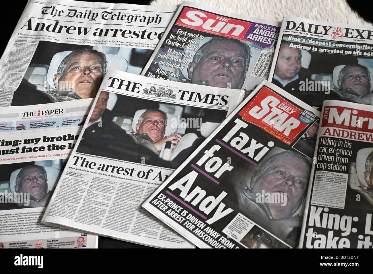 UK newspaper headlines of arrest of Andrew Mountbatten-Windsor. Credit ...