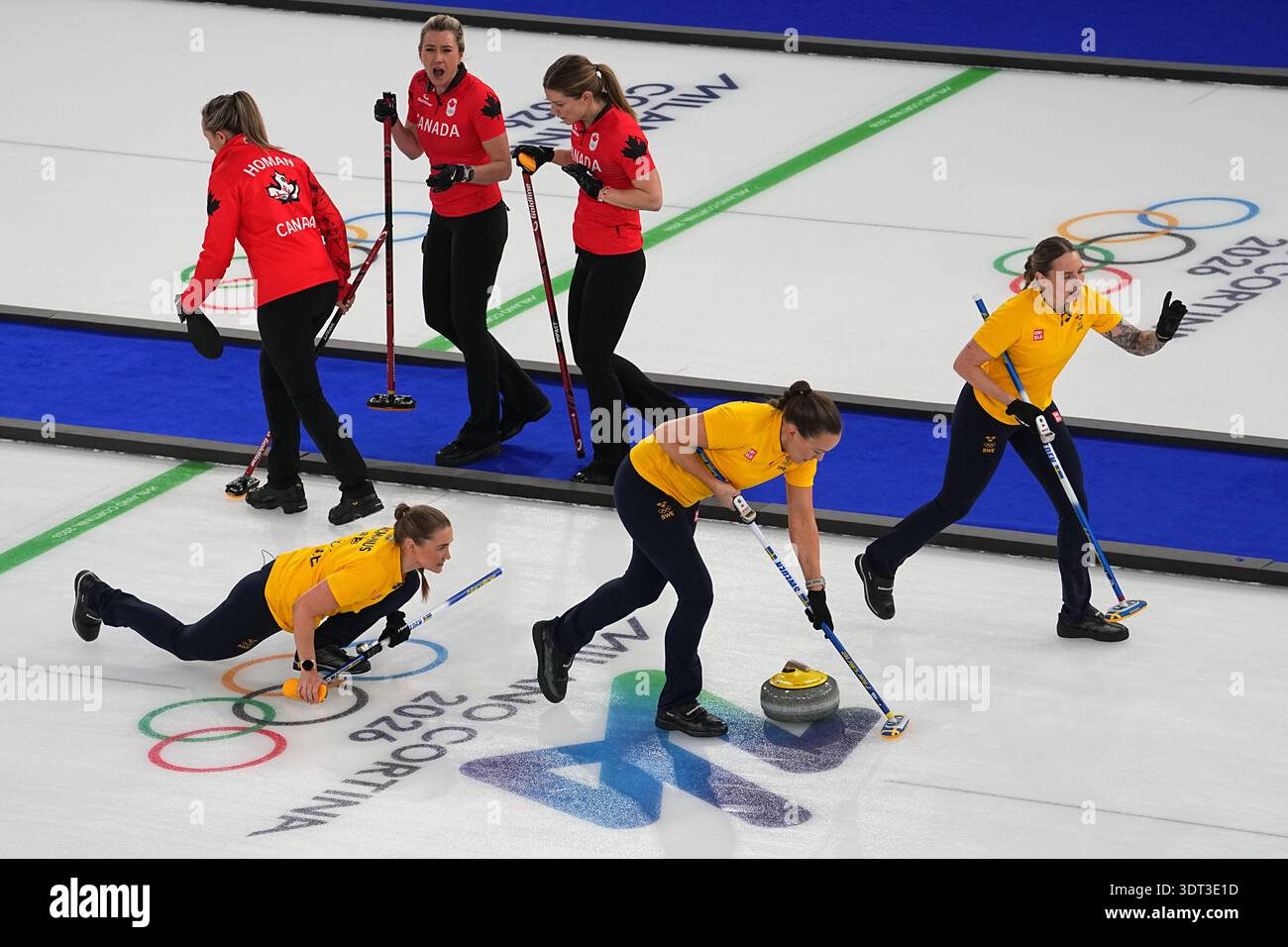 Team Sweden in action during a women's curling semifinal match against ...