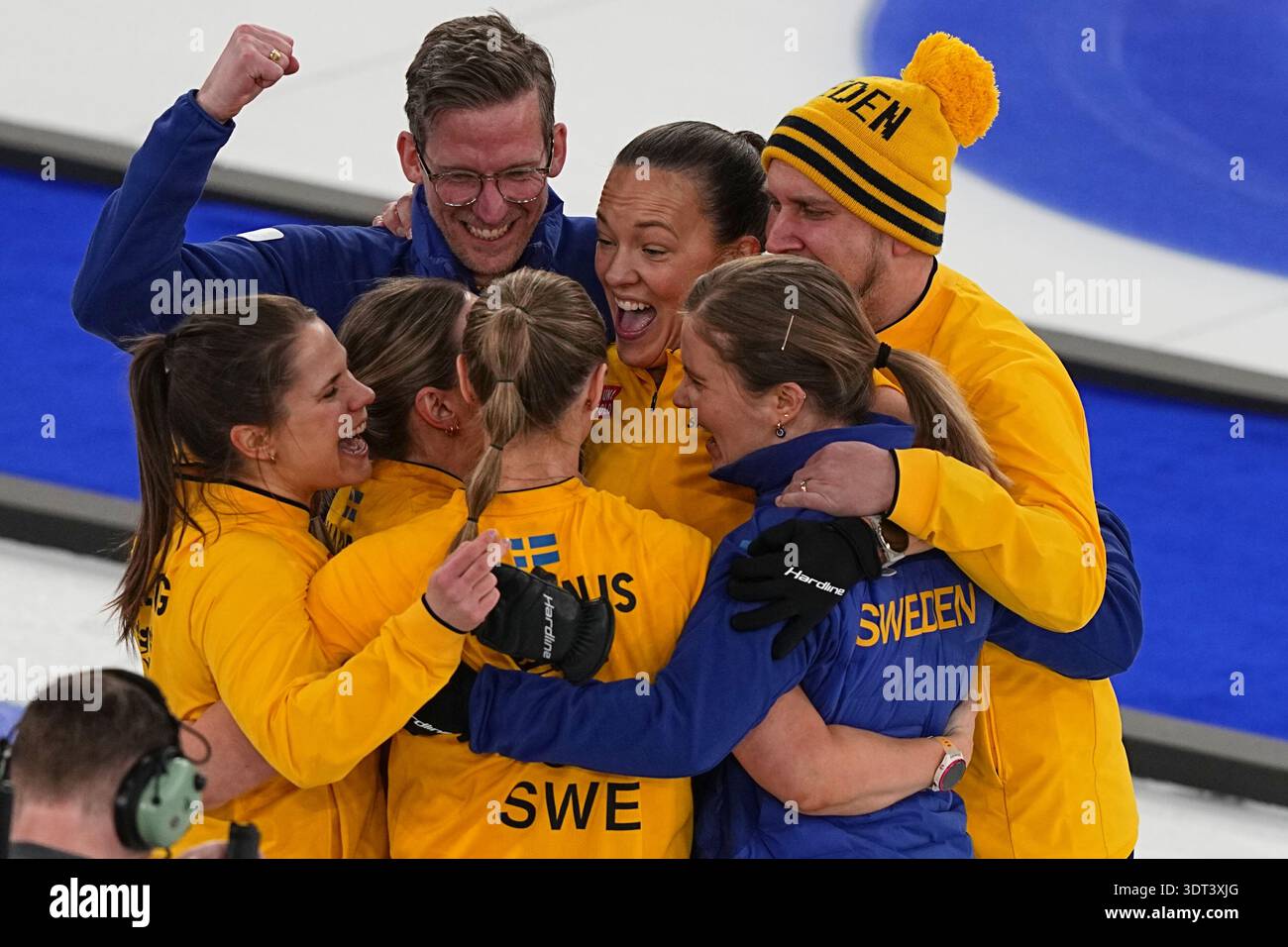Team Sweden celebrates winning a women's curling semifinal match ...
