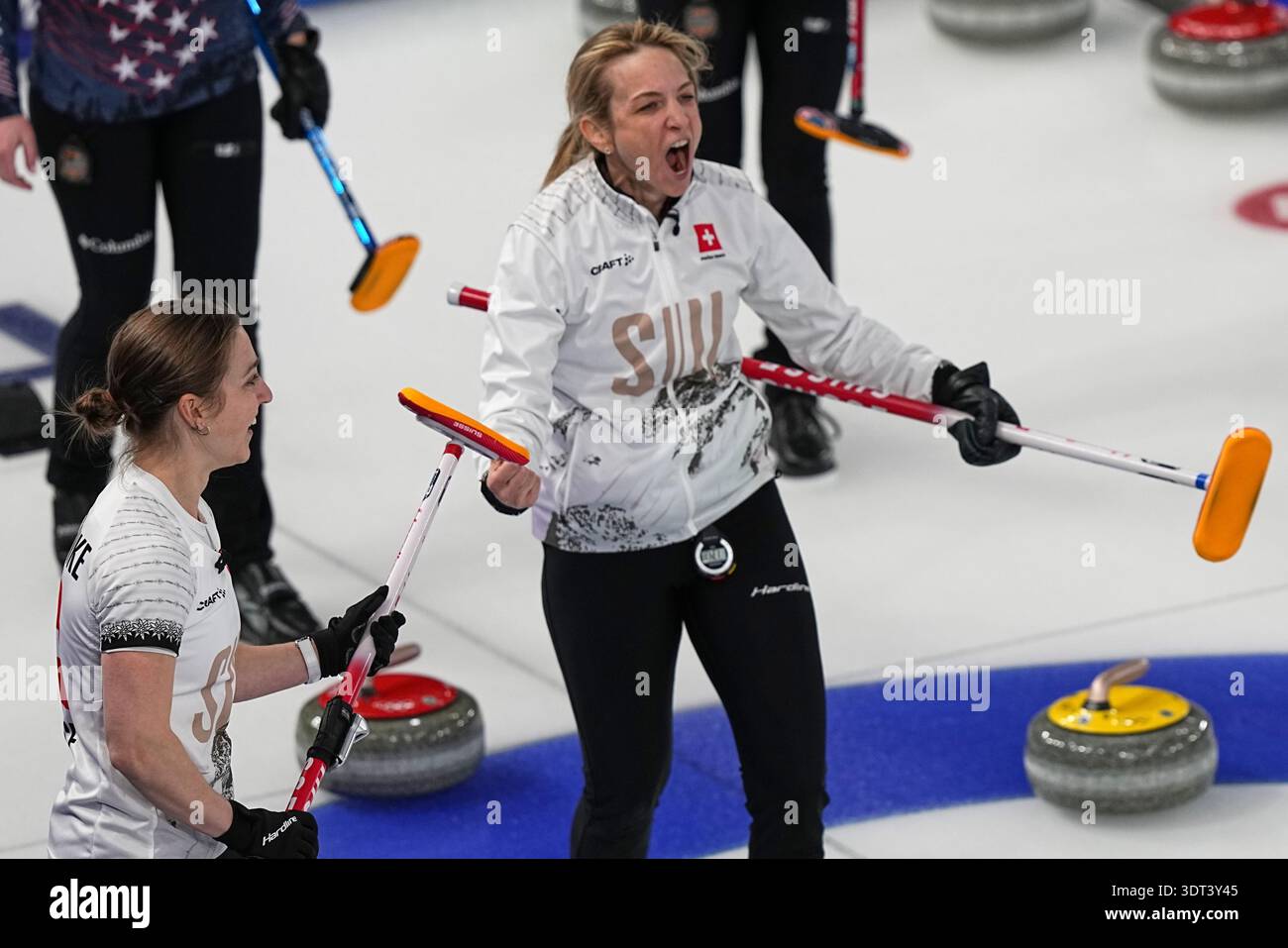 Switzerland's Silvana Tirinzoni, center, and Selina Witschonke ...