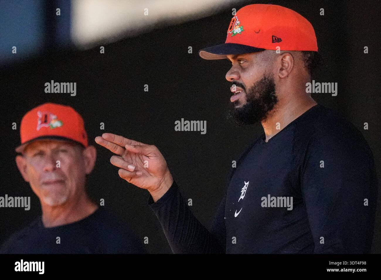 Detroit Tigers pitcher Kenley Jansen speaks during workouts at spring ...