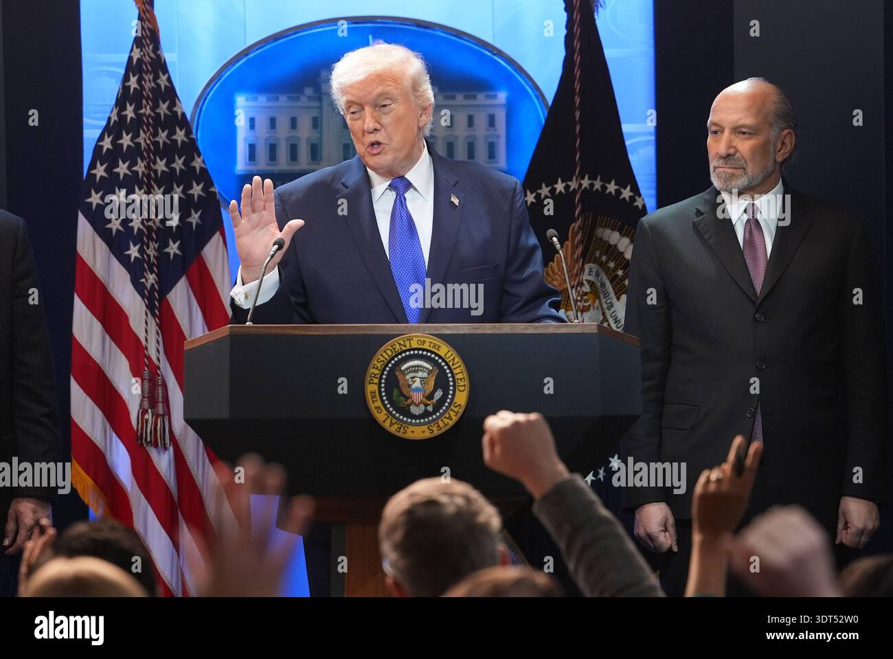 President Donald Trump speaks during a press briefing at the White ...