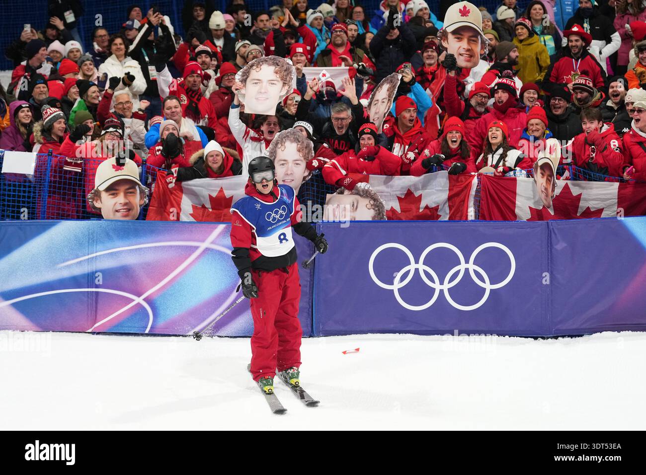 Canada's Andrew Longino celebrates during the men's freestyle skiing ...