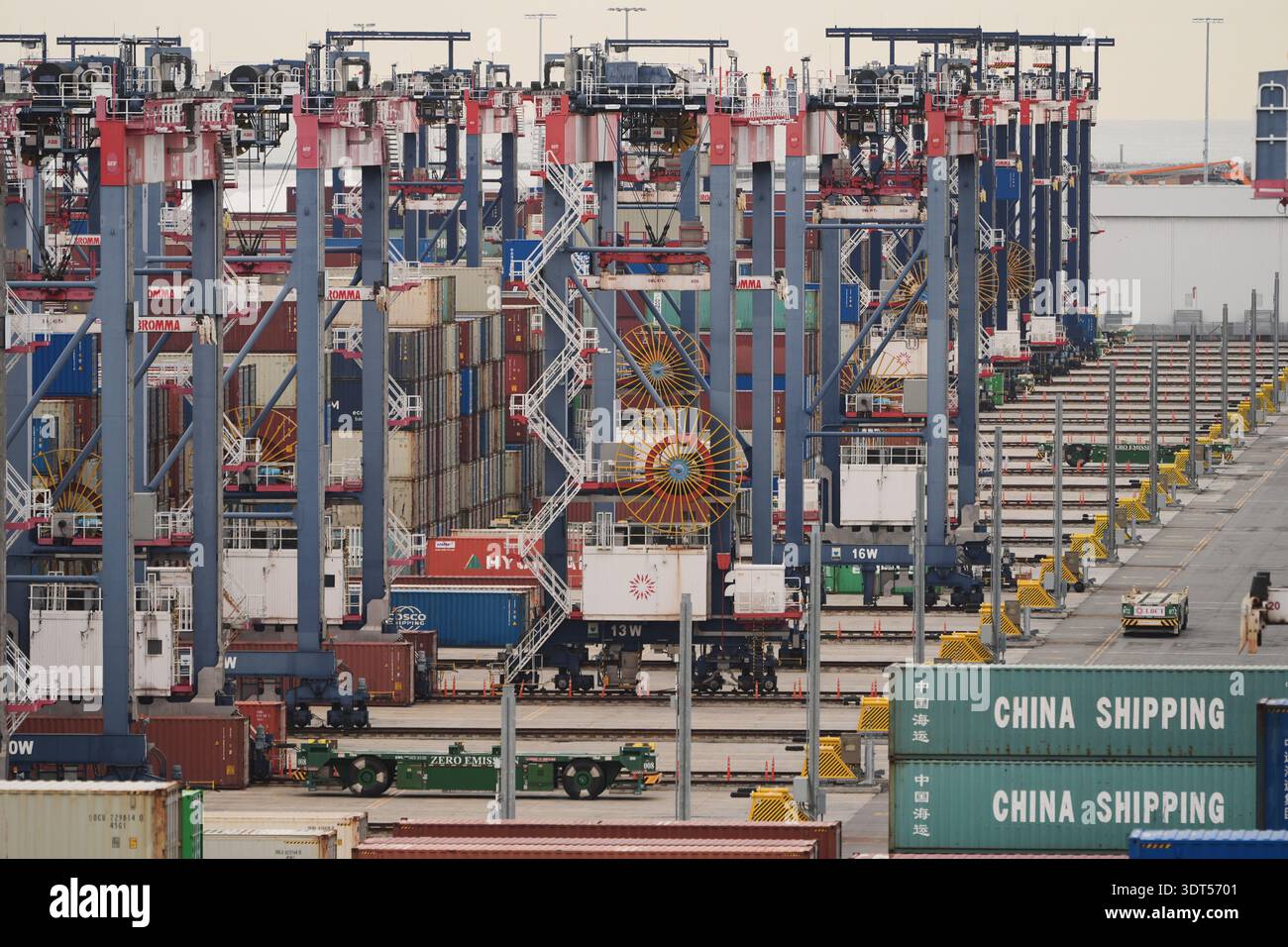 Containers are stacked at the Port of Long Beach Friday, Feb. 20, 2026 ...