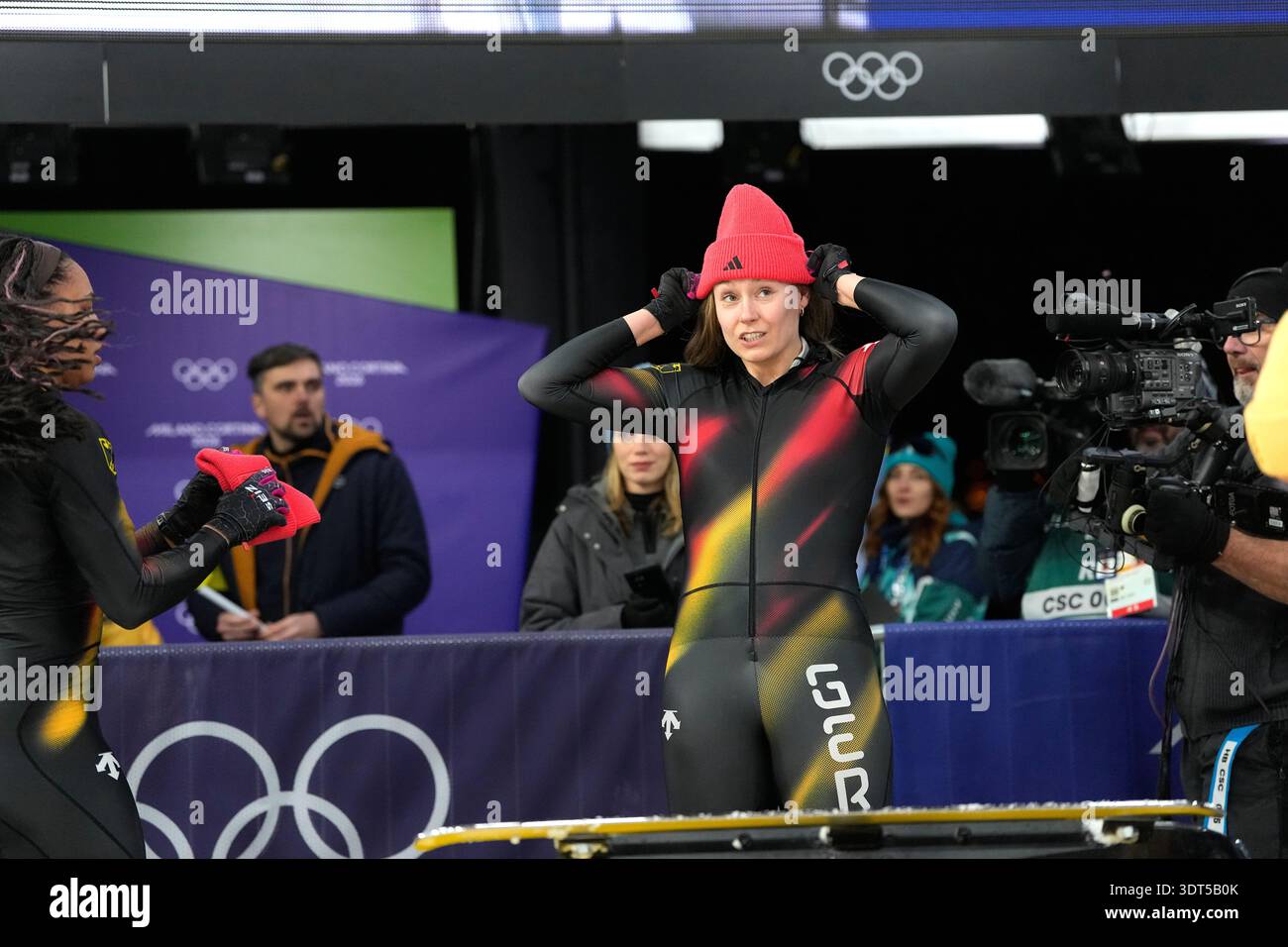 Germany's Laura Nolte reacts as she arrives at the finish during a two ...