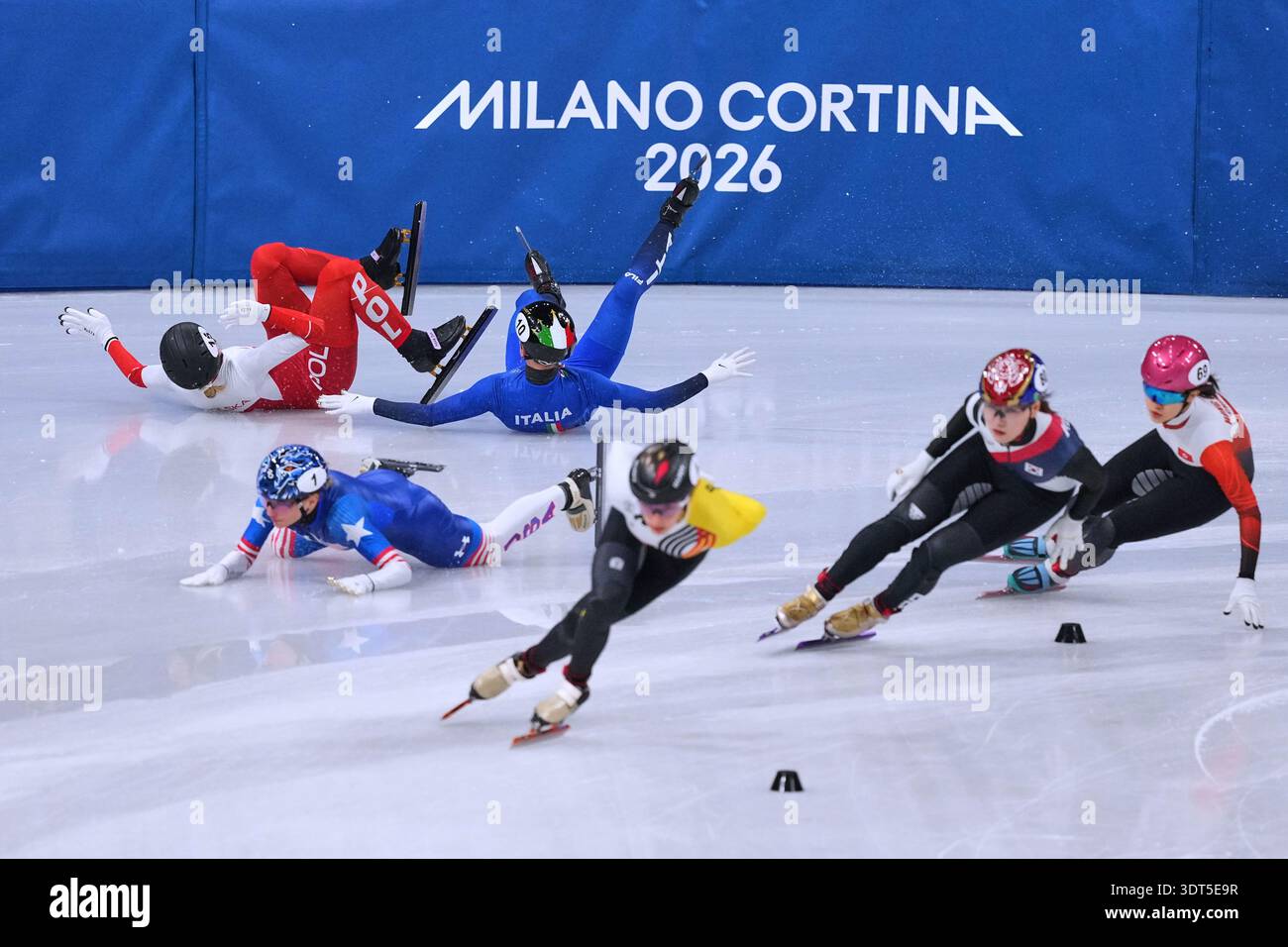 Kamila Sellier of Poland falls during a short track speed skating women ...