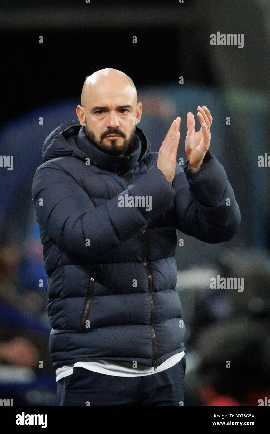 Gent, Belgium. 20th Feb, 2026. Cercle's head coach Onur Cinel pictured ...