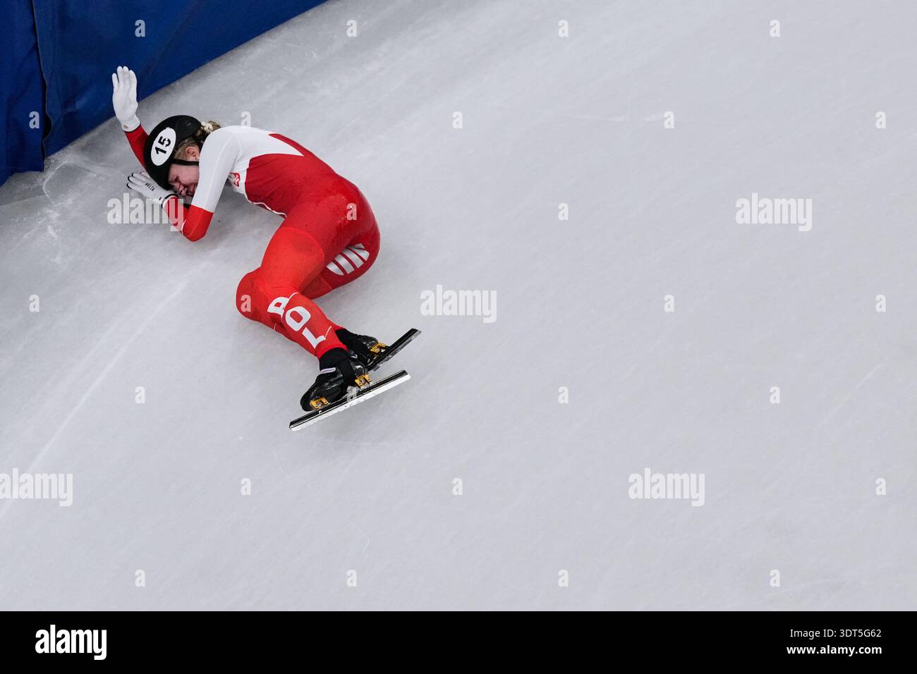 Kamila Sellier of Poland is injured due to a fall during a short track ...