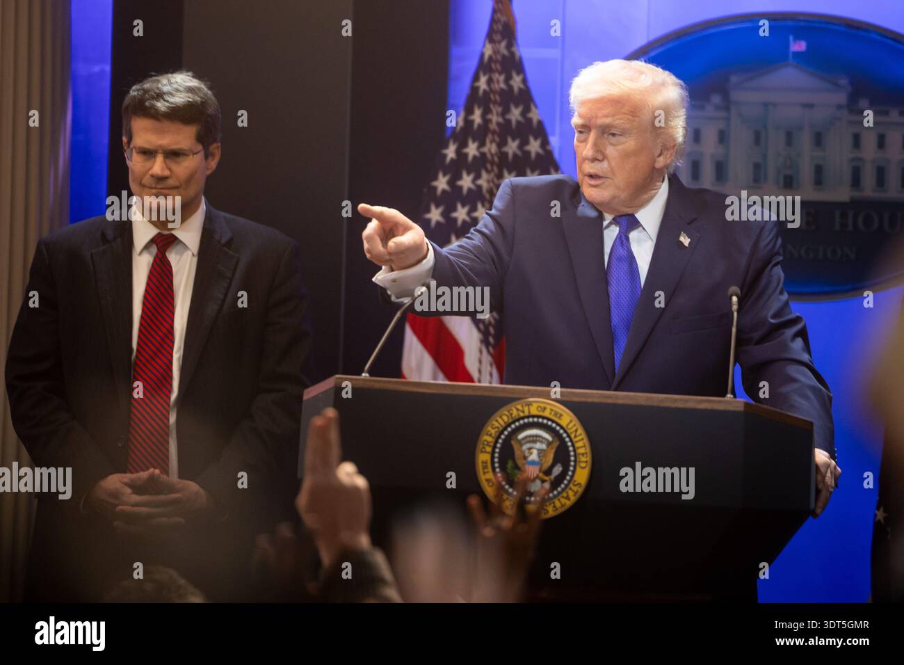 President Donald Trump calls on a reporter as Solicitor General John ...
