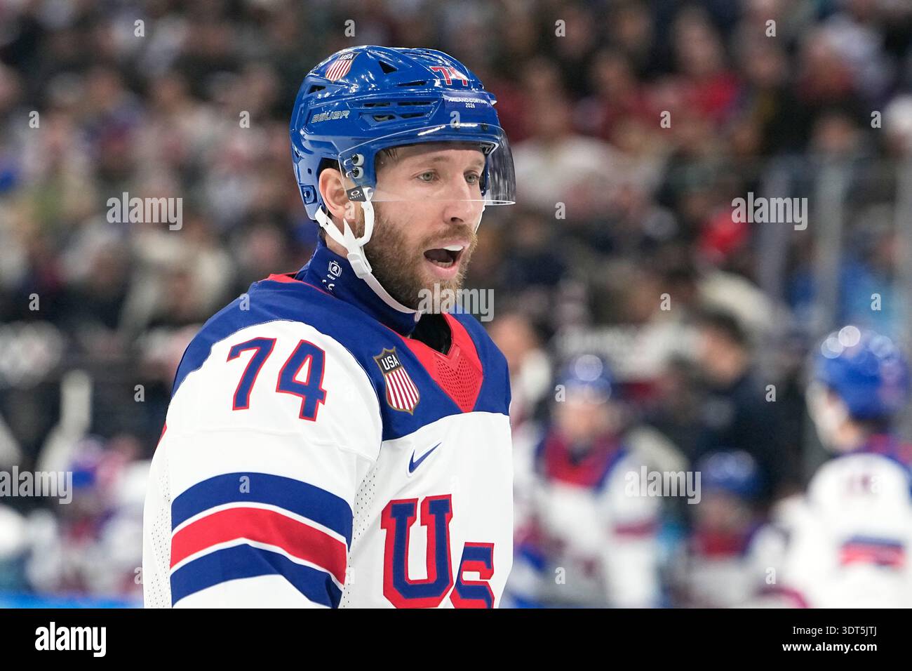 United States' Jaccob Slavin (74) reacts during a men's ice hockey ...