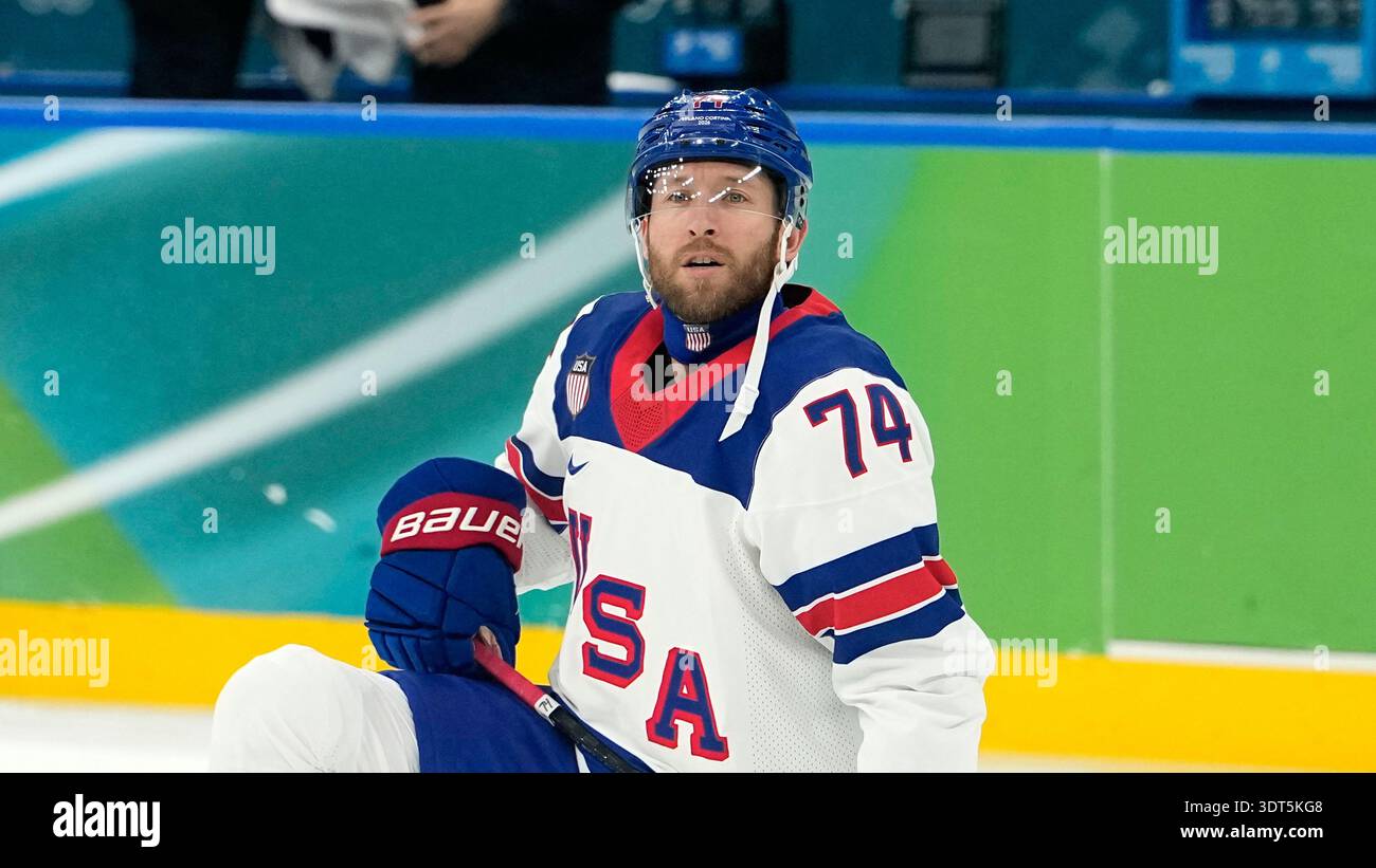 United States' Jaccob Slavin warms up before a men's ice hockey ...
